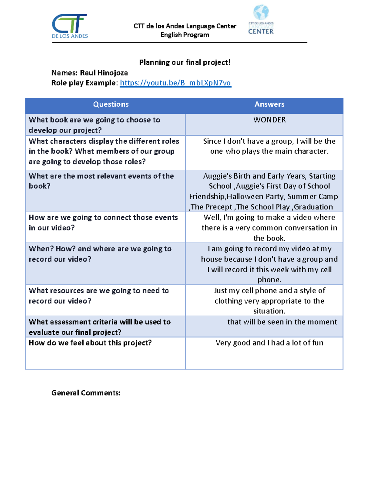 Planning our final project - CTT de los Andes Language Center English ...