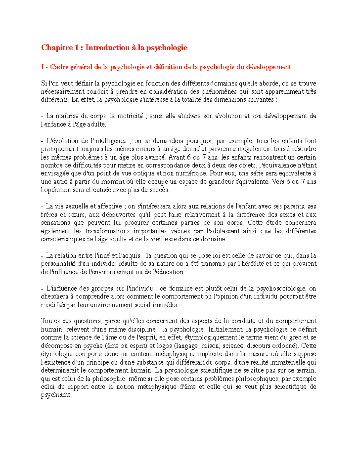 Cours de Psychologie 1 : Introduction à la psychologie - Chapitre 1 ...