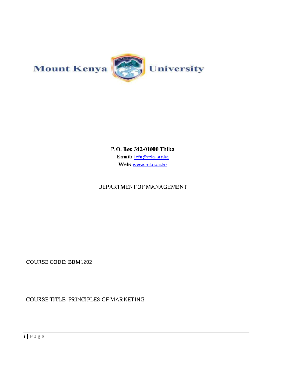 BBM1202 Principles of Marketing - i | P a g e P. Box 342-01000 Thika ...