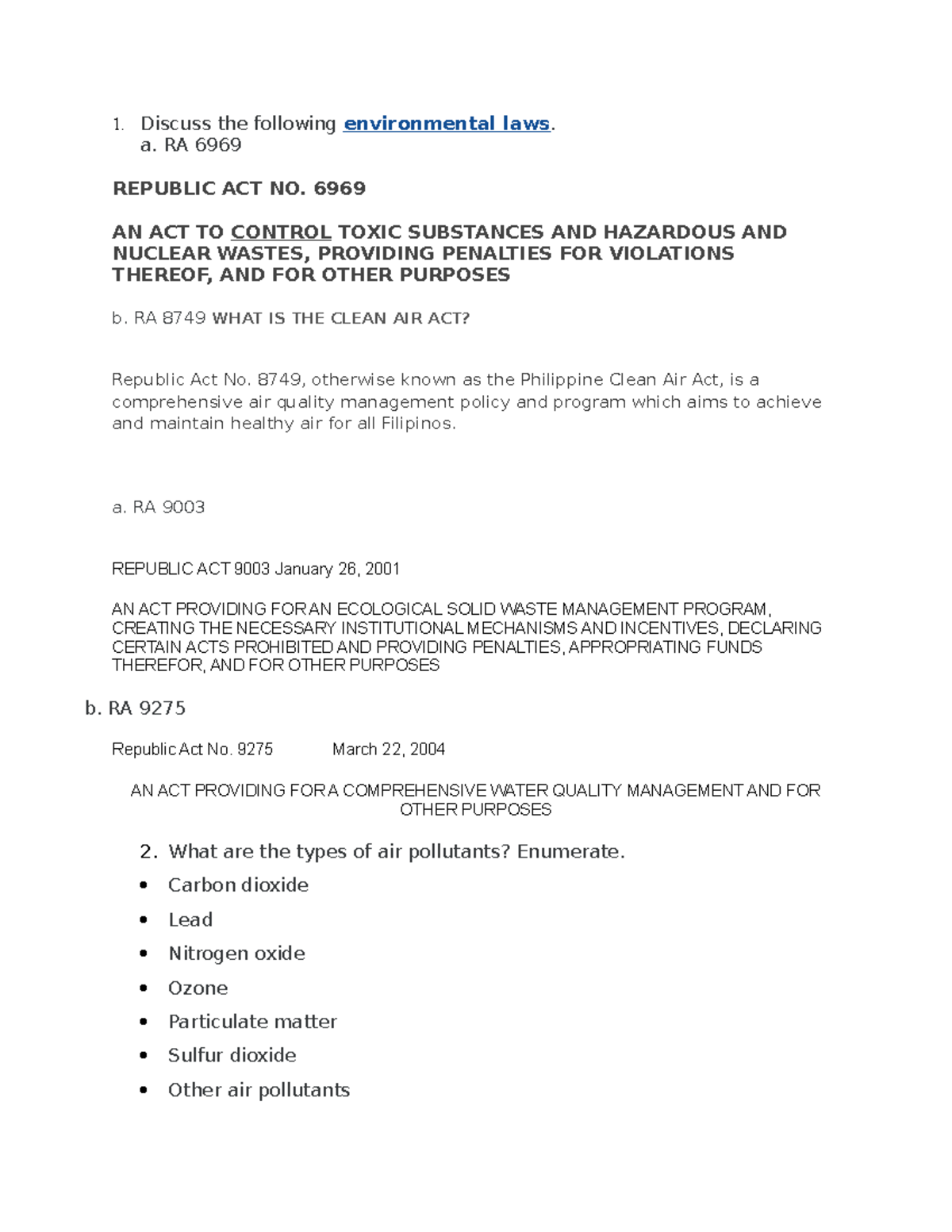 Document - Learn more - Discuss the following environmental laws. a. RA ...