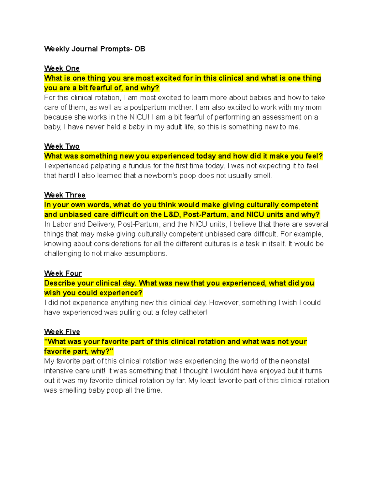 Weekly Journal Prompts- OB - NA 235 - Studocu