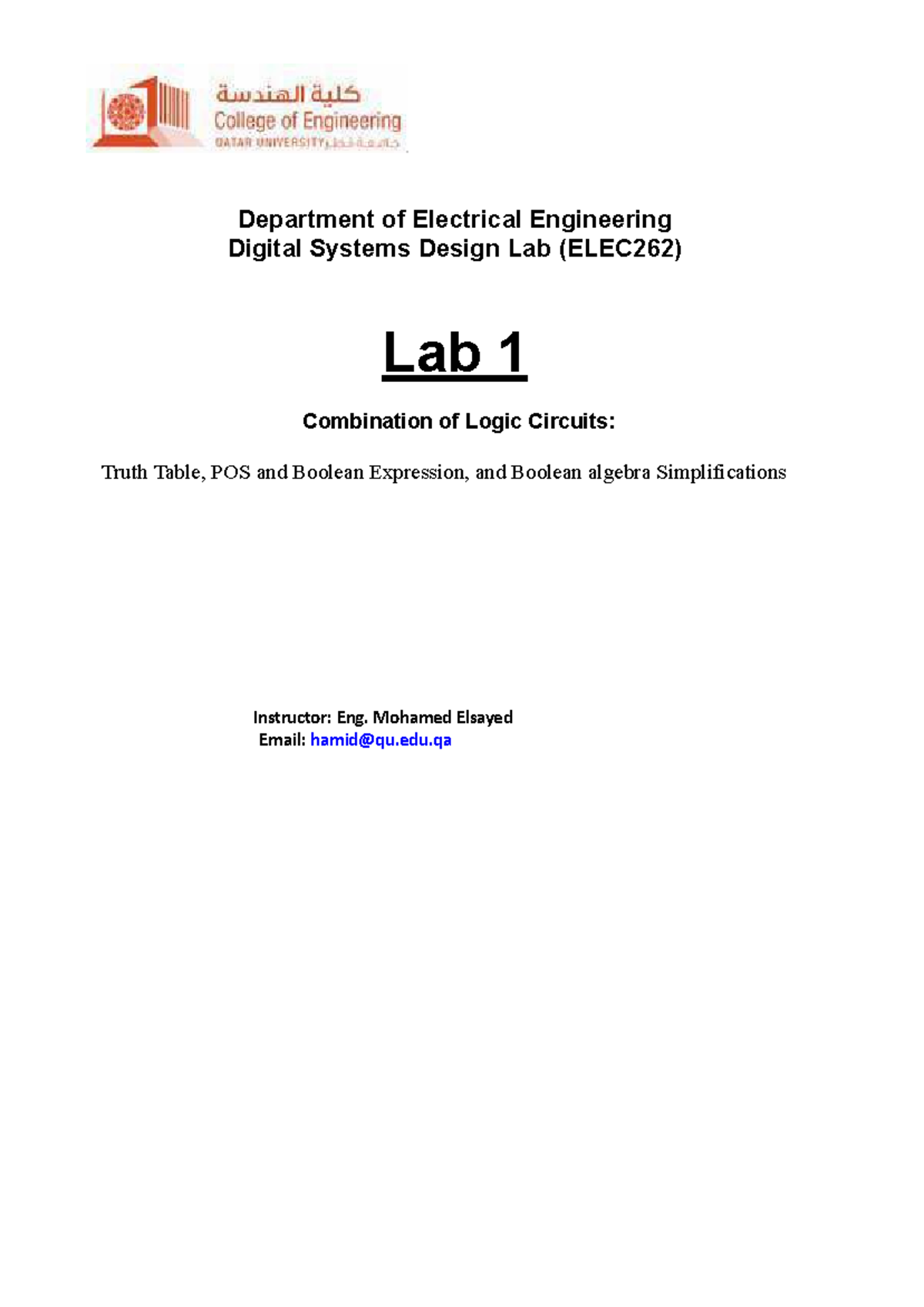 ELEC262 LAB1 - lab 1 digital laboratory - Department of Electrical Engineering Digital Systems ...