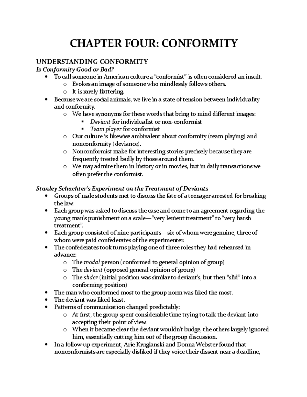Chapter 4 Notes - The Social Animal - CHAPTER FOUR: CONFORMITY ...