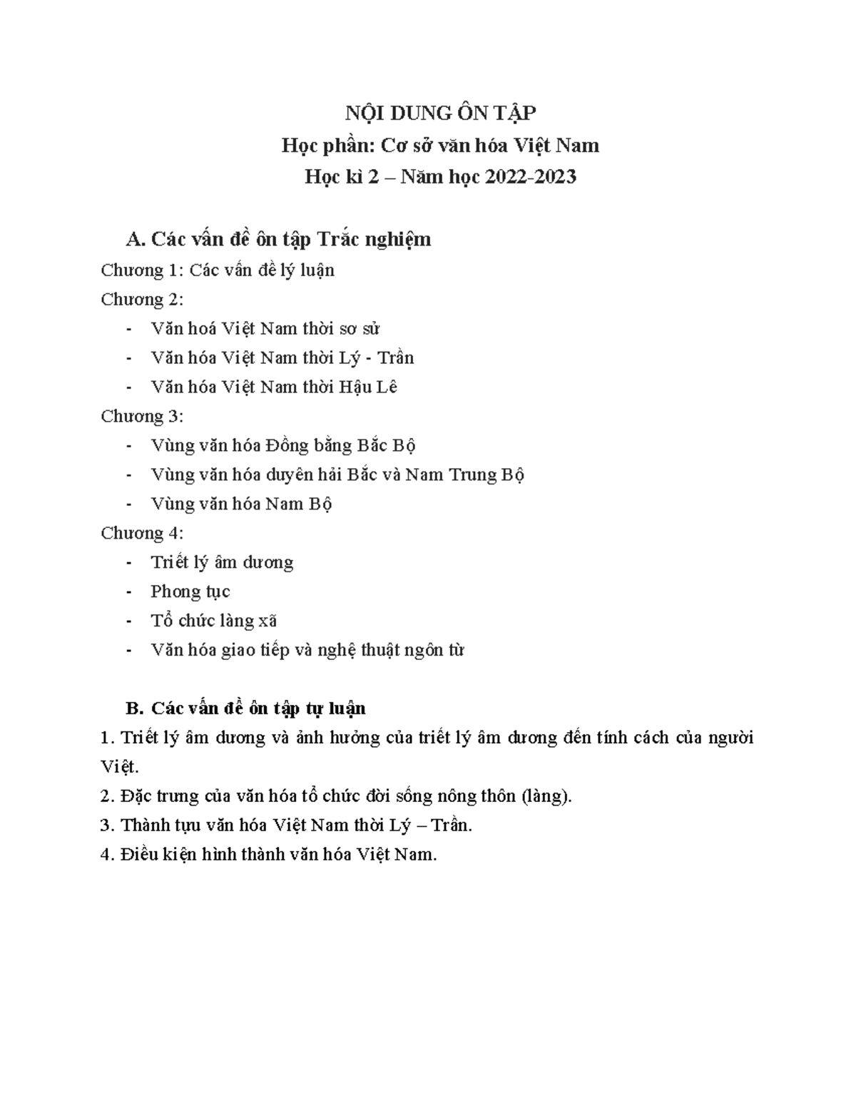 Ôn tập Csvhvn - HK2 - 2022-2023 - NỘI DUNG ÔN TẬP Học phần: Cơ sở văn hóa Việt Nam Học kì 2 ...