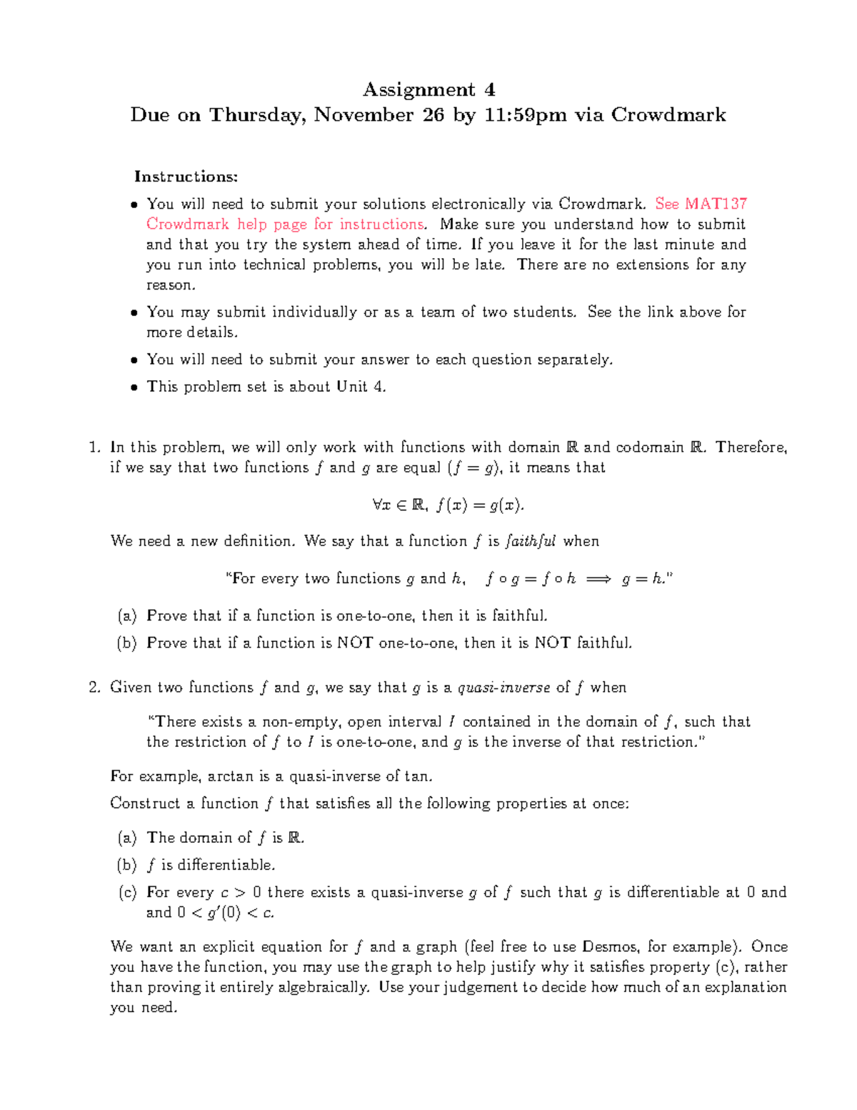 MATH 31 Assignment 4 MAT 137Y Calculus With Proofs Assignment 4 Due