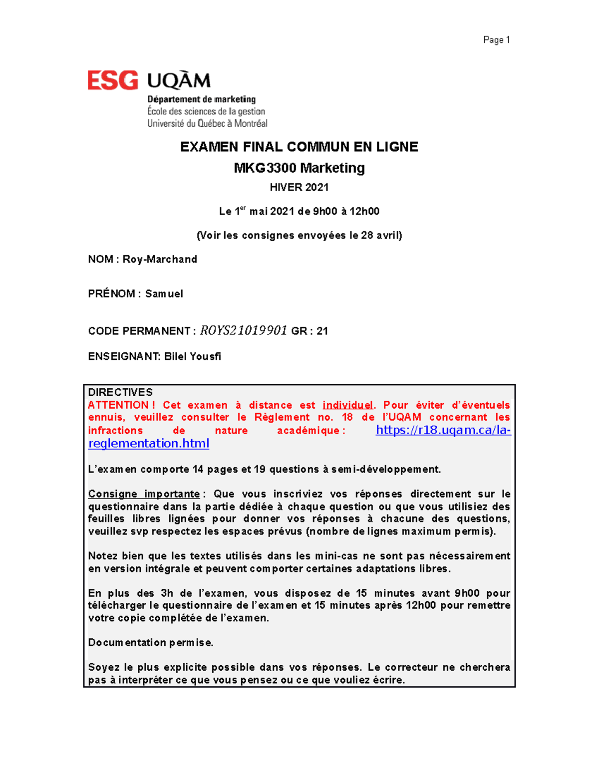 Examen Final en ligne MKG3300 Hiver 2021 Roy-Marchand, Samuel - EXAMEN ...