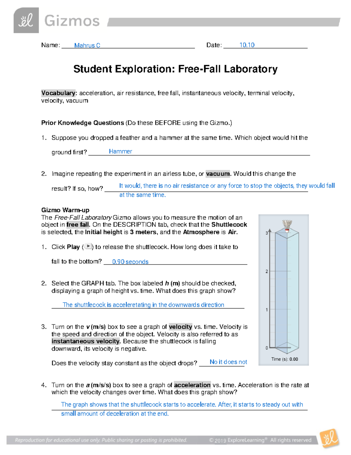 Freefall lab - Name: ______________________________________ Date
