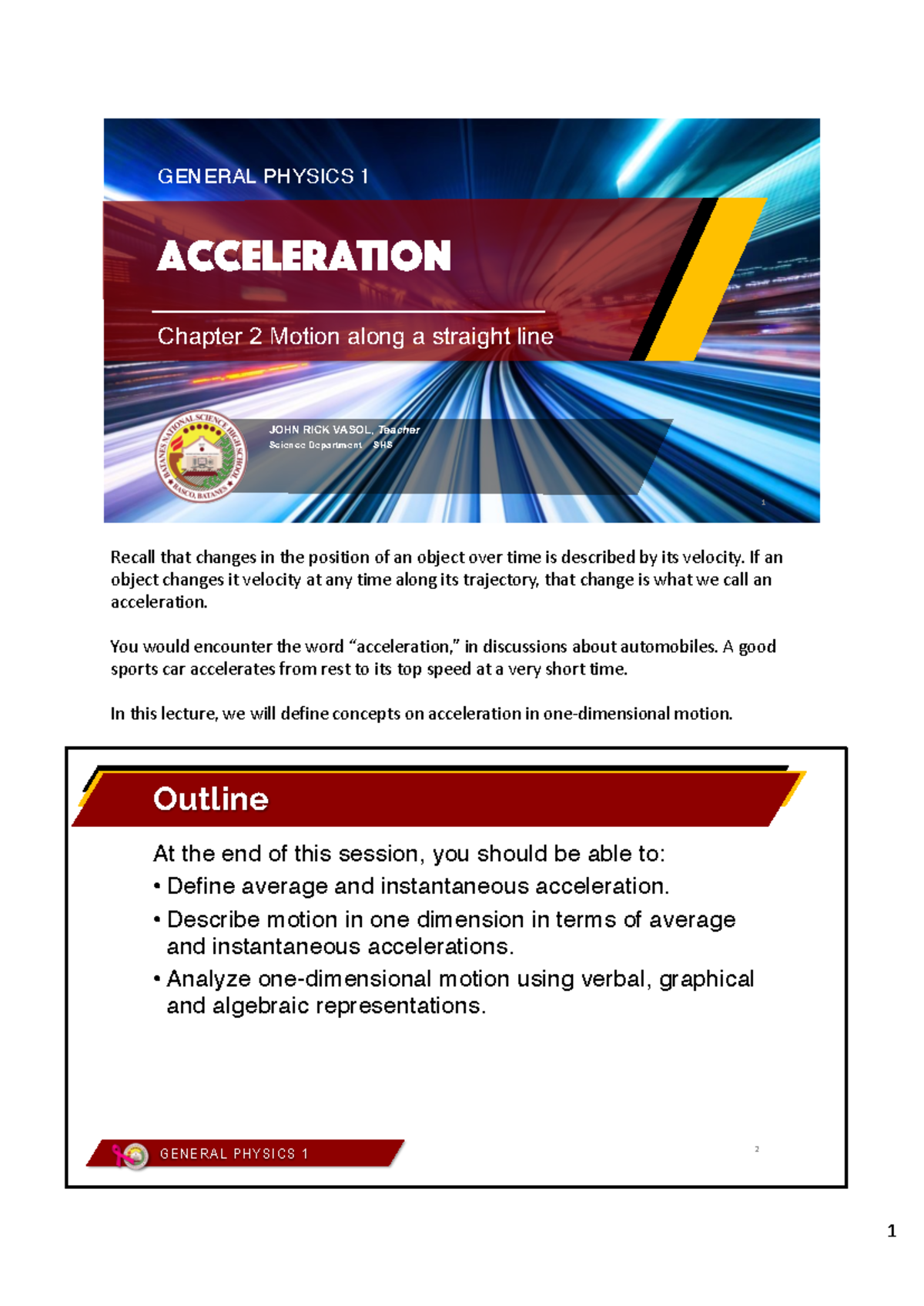 1.4 Acceleration - JOHN RICK VASOL, Teacher 1 GENERAL PHYSICS 1 Science ...