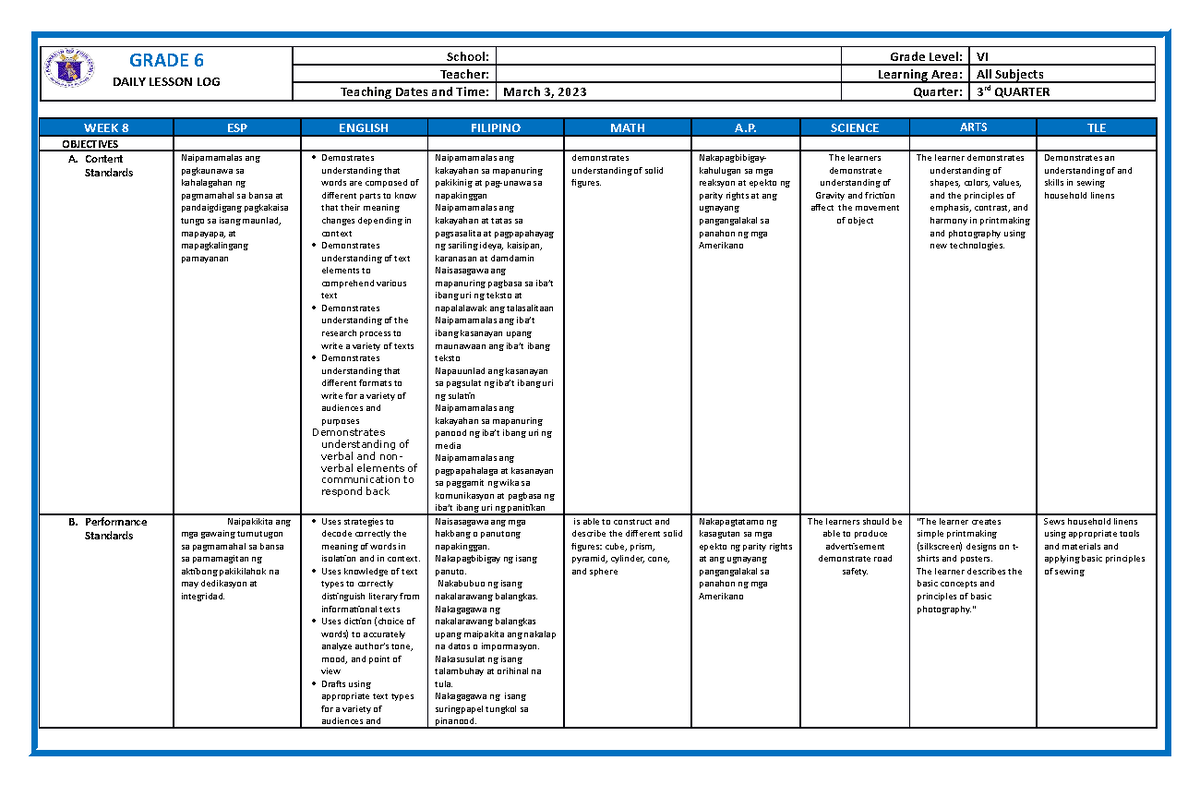 DLL G6 Q3 WEEK3 Day 5 - daily lesson log - GRADE 6 DAILY LESSON LOG ...