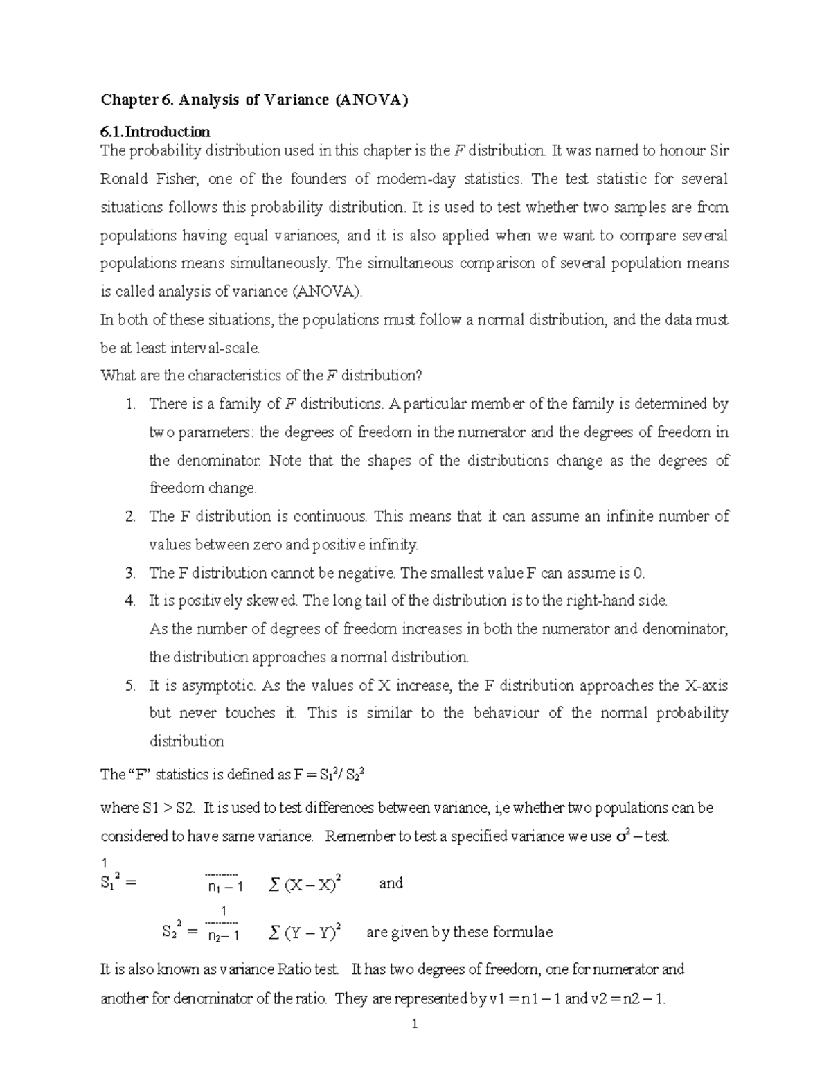 Ch VI Analysis OF Variance - Chapter 6. Analysis of Variance (ANOVA) 6.1 The probability - Studocu