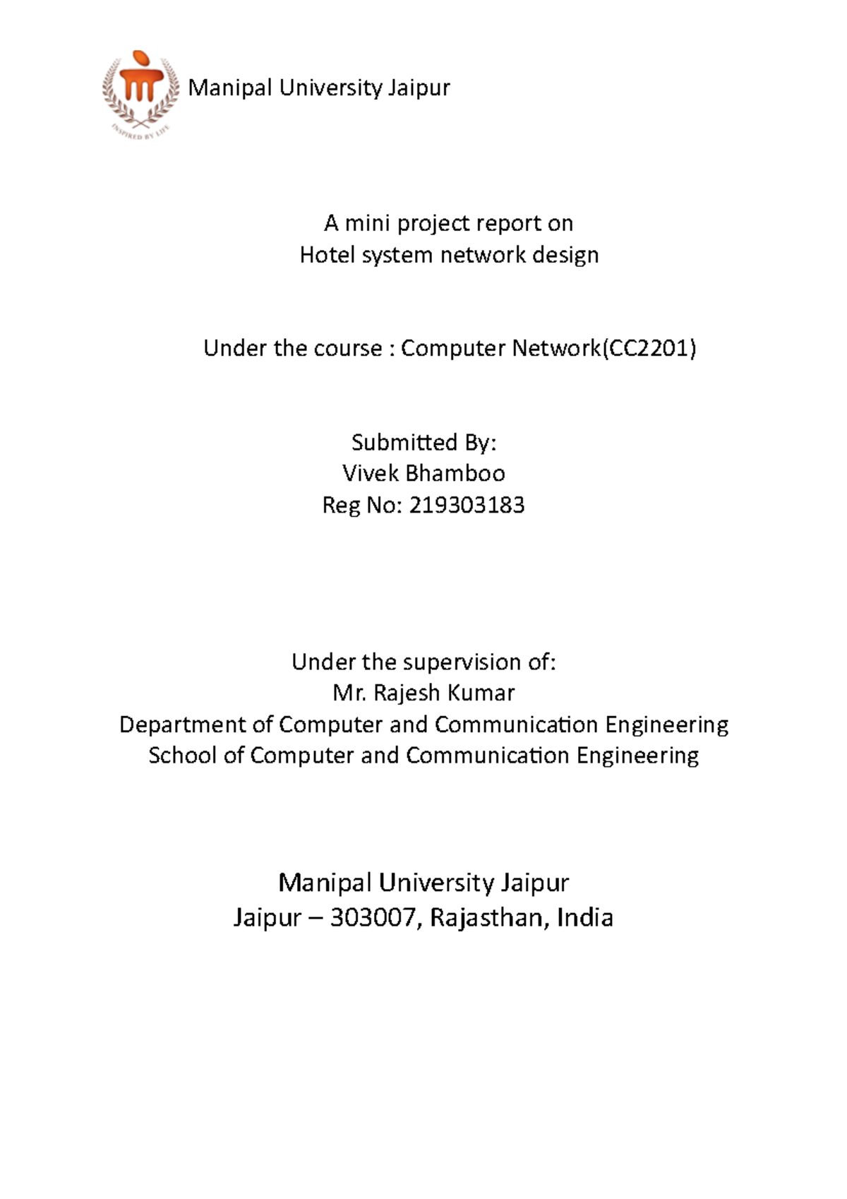 Doc1 - A mini project report on Hotel system network design Under the ...