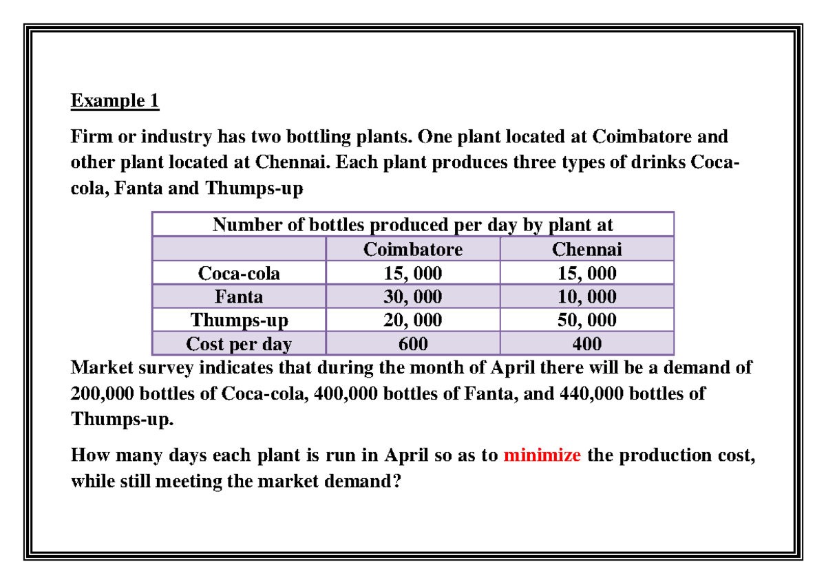 Sheet 1 - Example 1 Firm or industry has two bottling plants. One plant ...