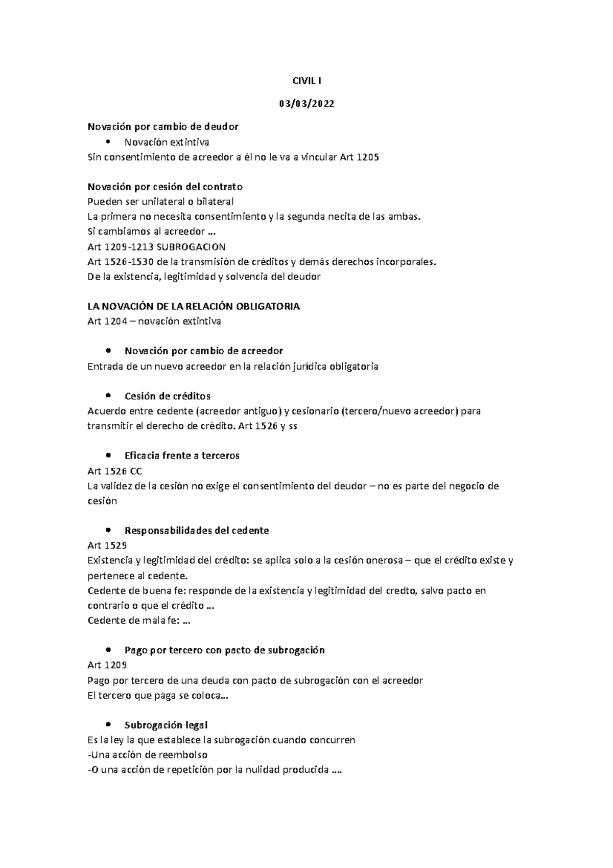 Teoria civil I - apunte de clase resumidos - CIVIL I 03/03/ Novación ...