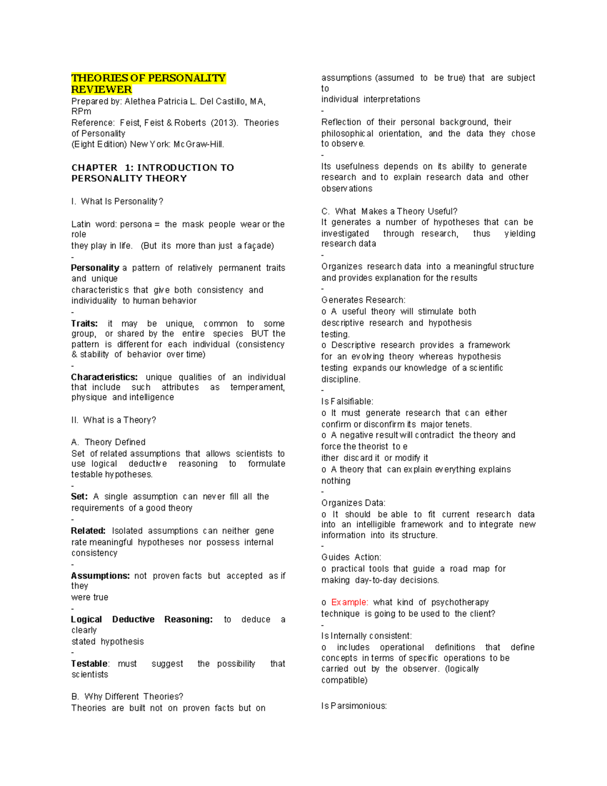 Theories OF Personality Reviewer - THEORIES OF PERSONALITY REVIEWER ...