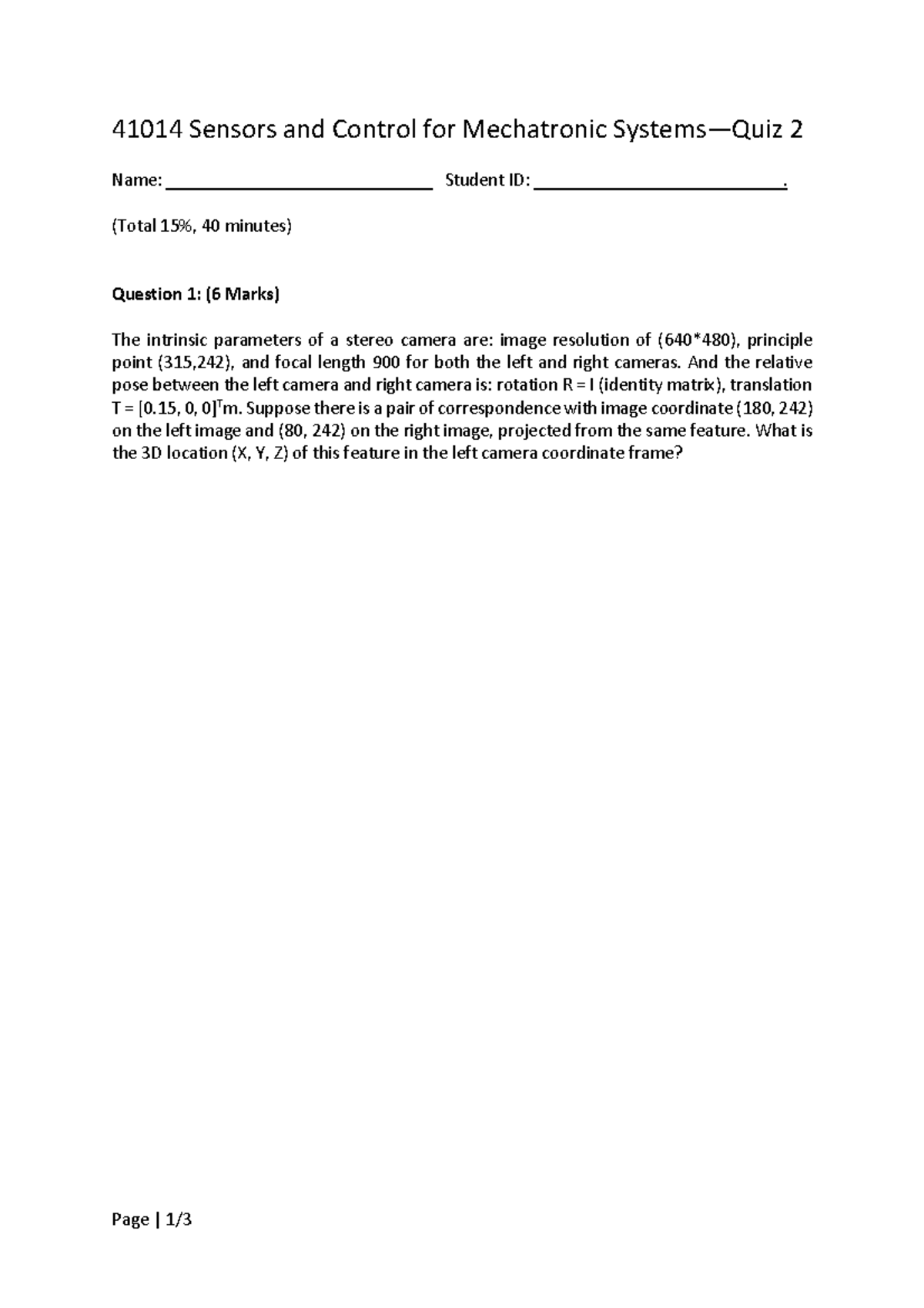 41014 Sensors and Control for Mechatronic Systems Quiz 2 2021 - Page ...