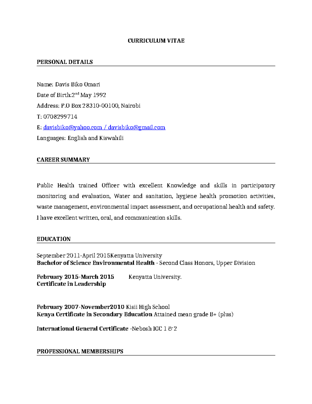 Davis Biko Cv-Updated - data - CURRICULUM VITAE PERSONAL DETAILS Name ...