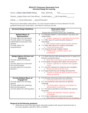 Classroom Observation #1 - You may not see evidence of every element of ...