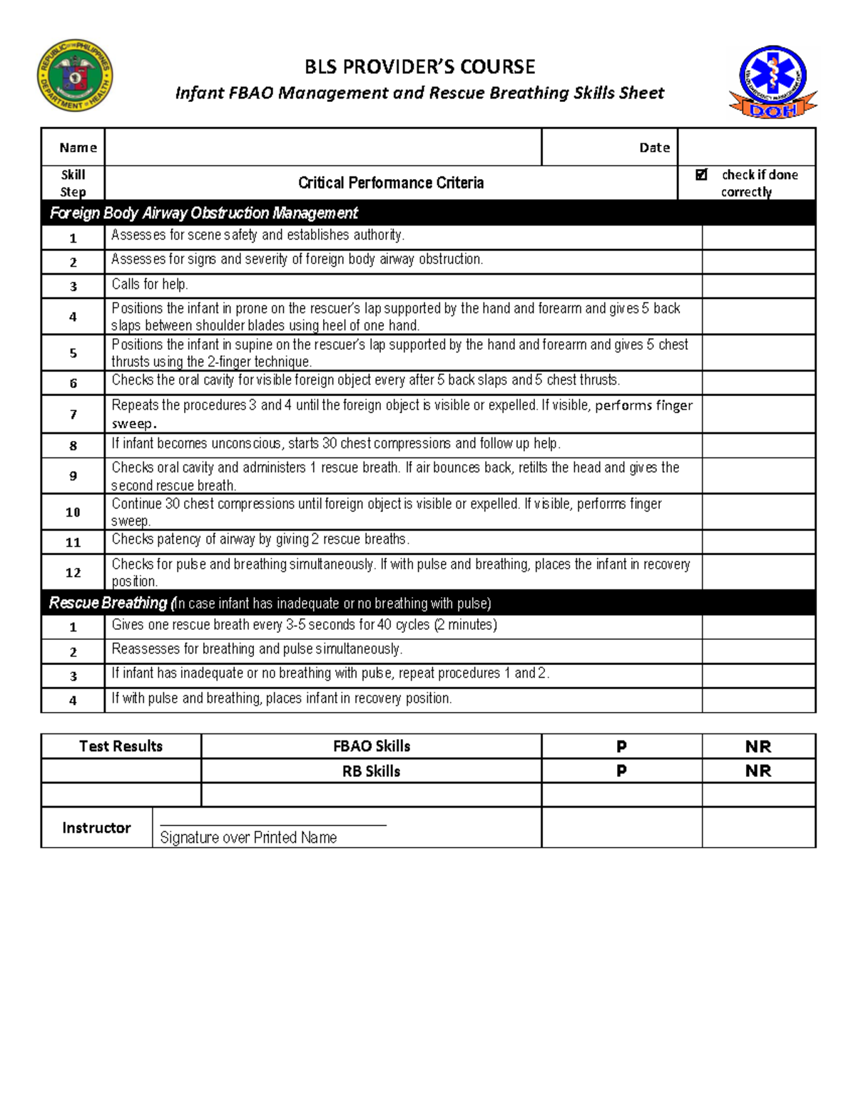 Infant FBAO RB Skills sheet 032618 v2 - BLS PROVIDER’S COURSE Infant ...