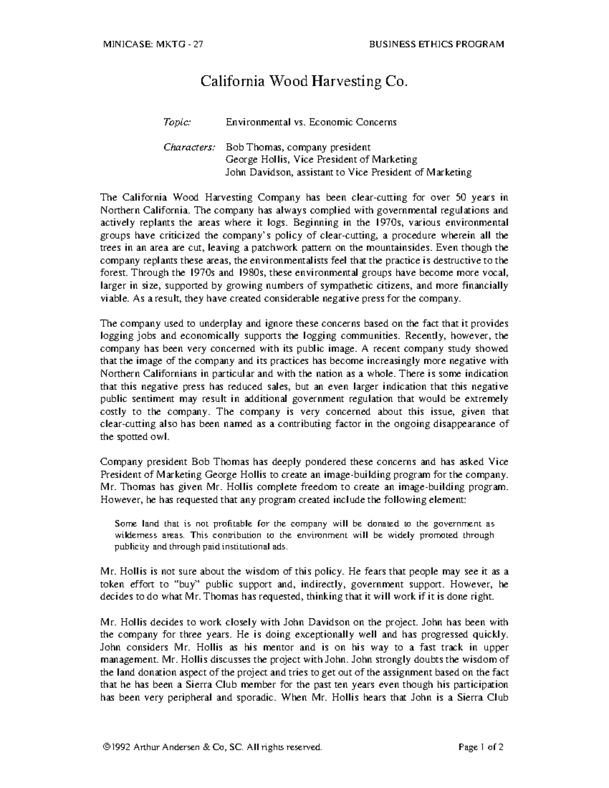 Mini Case II - ... - MINICASE: MKTG - 27 BUSINESS ETHICS PROGRAM ù1992 ...