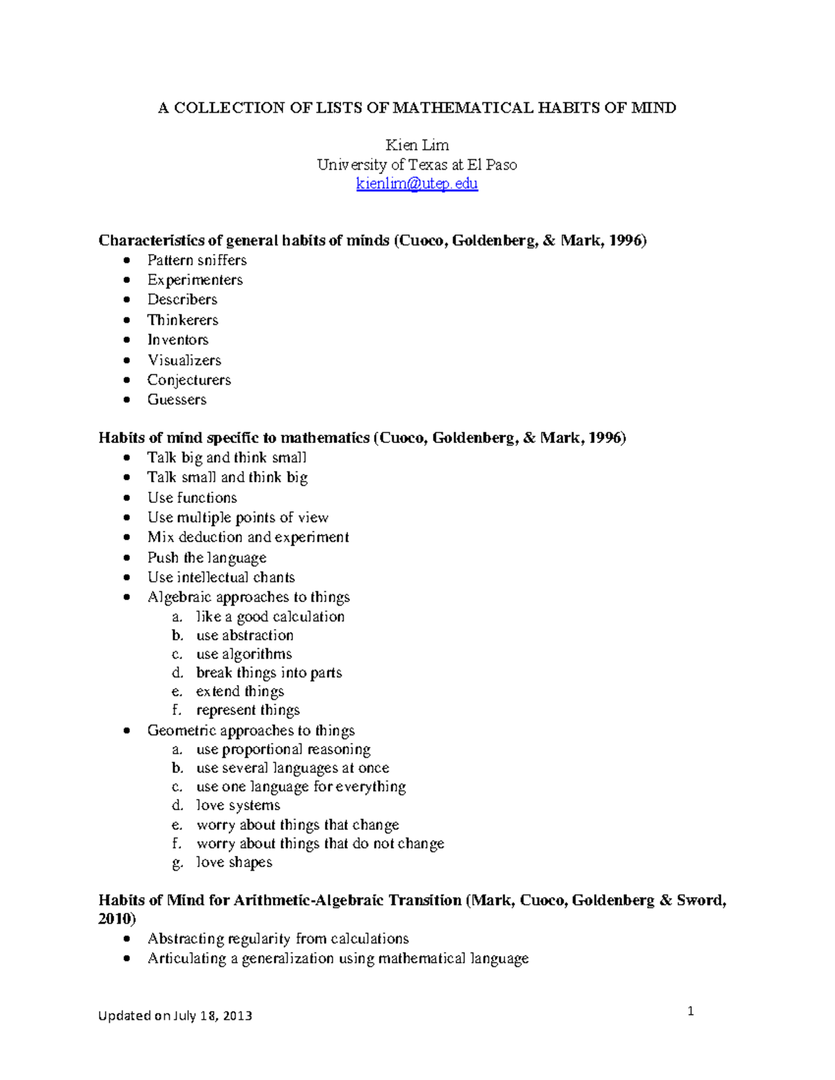 Ho M Collection - A COLLECTION OF LISTS OF MATHEMATICAL HABITS OF MIND ...