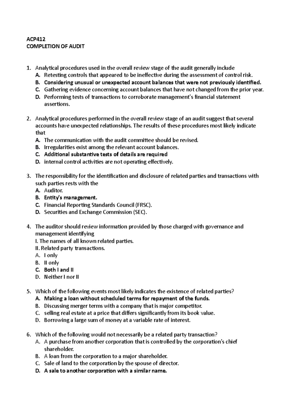Completion of Audit Quiz Answer - ACP COMPLETION OF AUDIT Analytical ...