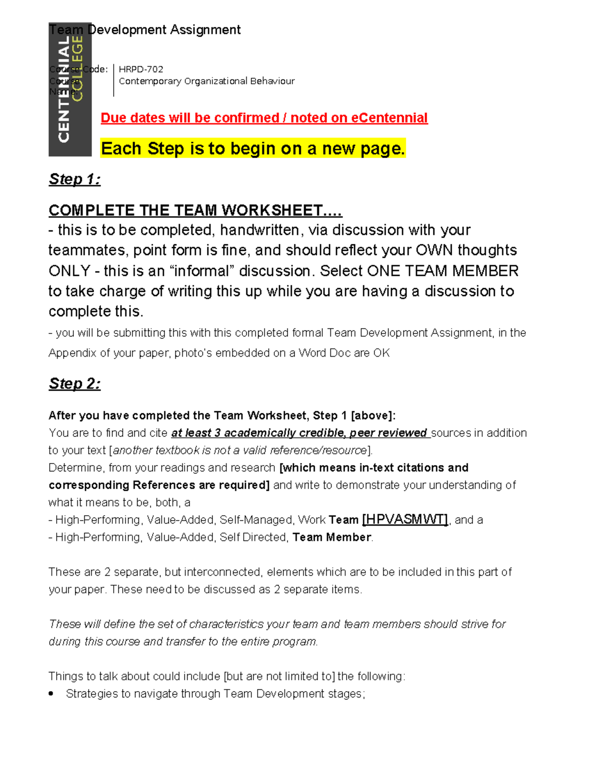 HRPD-702 - Team Development Assignment - Team Development Assignment Course Code: HRPD- Course ...