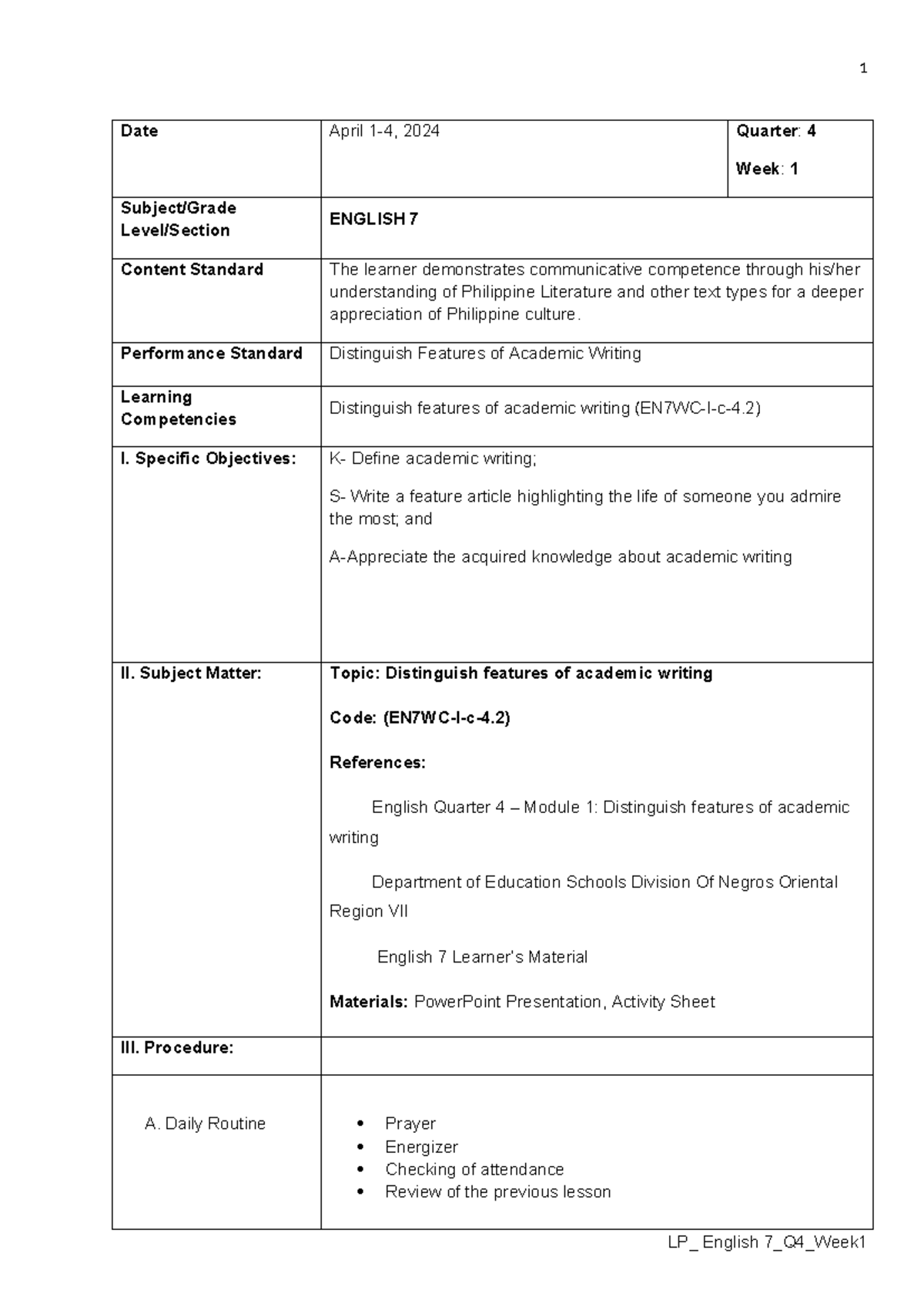 Lesson plan english 7 quarter 4 module 1 - Date April 1-4, 2024 Quarter ...