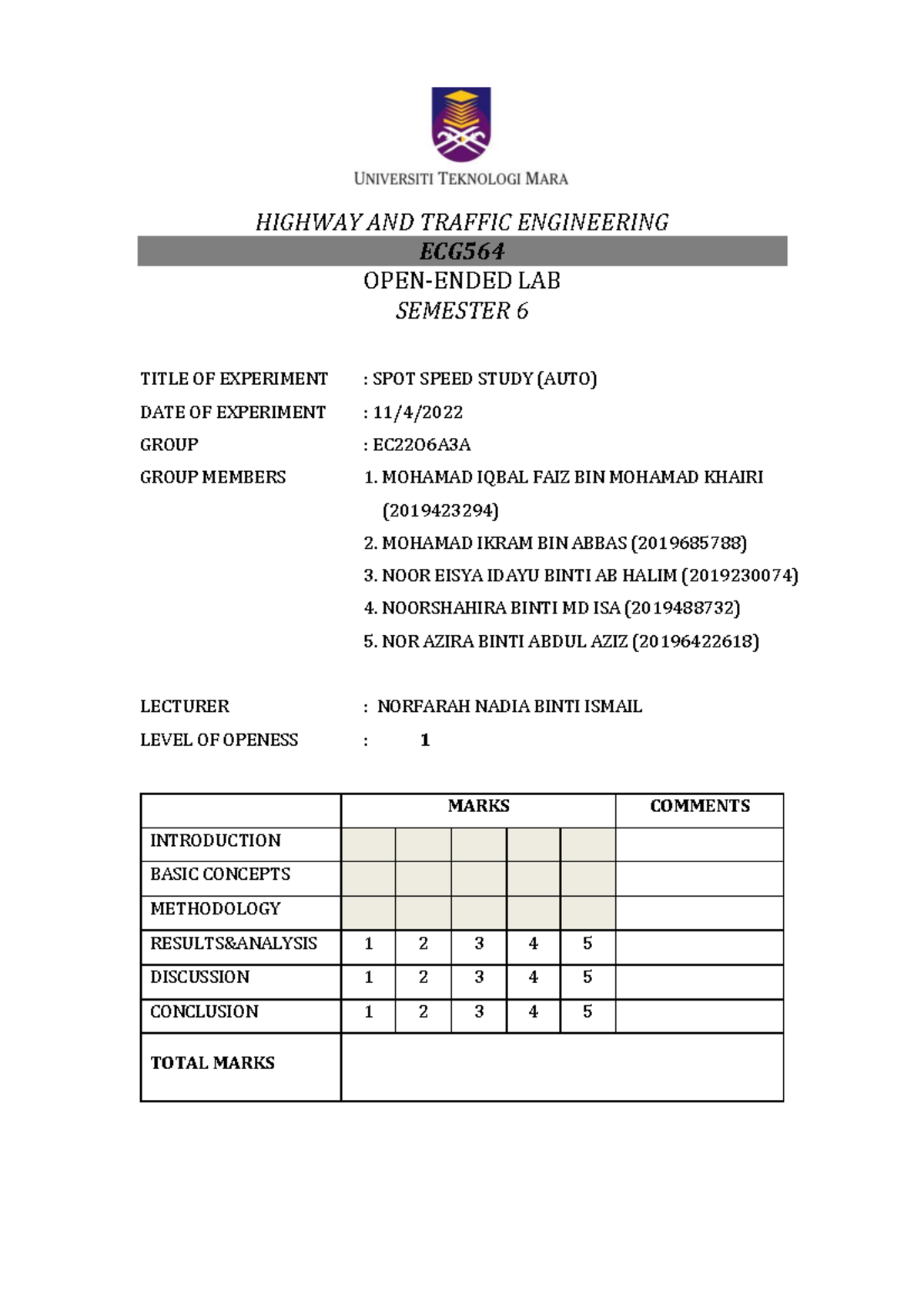 ECG564 Level 1Auto Spot Speed Study Lab Report - HIGHWAY AND TRAFFIC ...