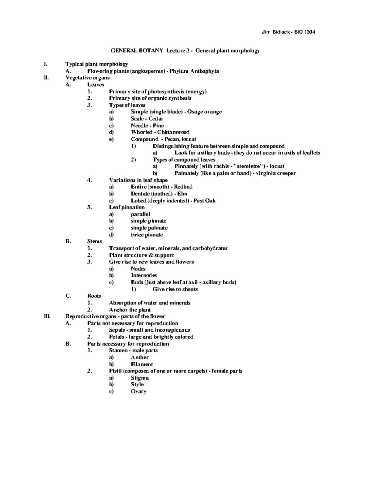 Morph 03 Botany Lecture Notes From Prof Jim Jim Bidlack Bio 1304 General Botany Lecture 3