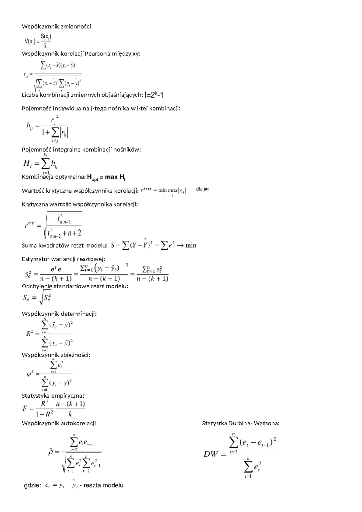 Karta wzorów ekonometria - Współczynnik zmienności Współczynnik korelacji Pearsona między xy ...