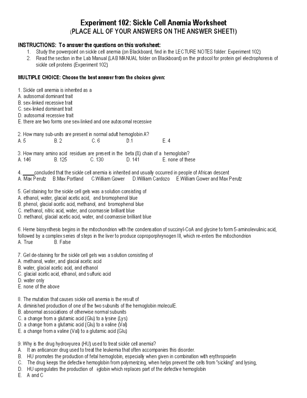 Experiment 102 WS3 - mmm - Experiment 102: Sickle Cell Anemia Worksheet ...