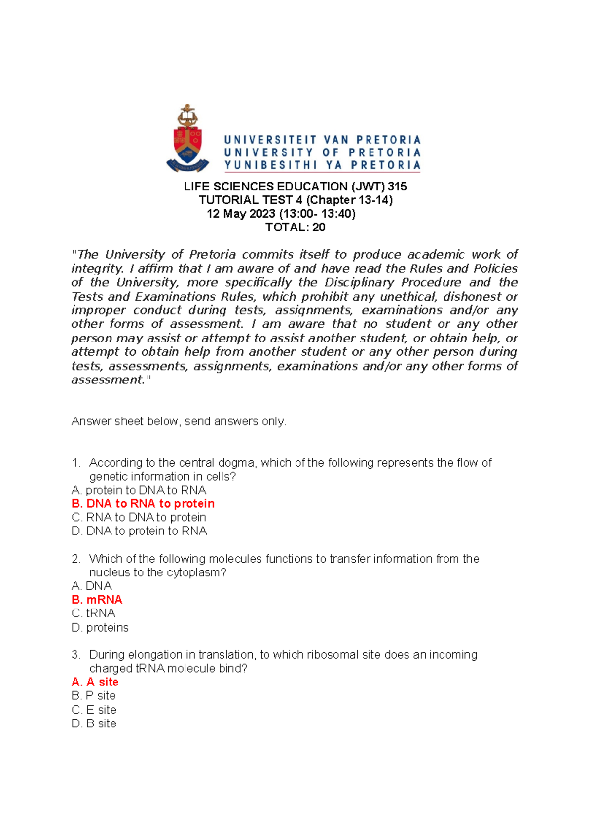 JWT 315 12 May TUT 5 MEMO - LIFE SCIENCES EDUCATION (JWT) 315 TUTORIAL ...