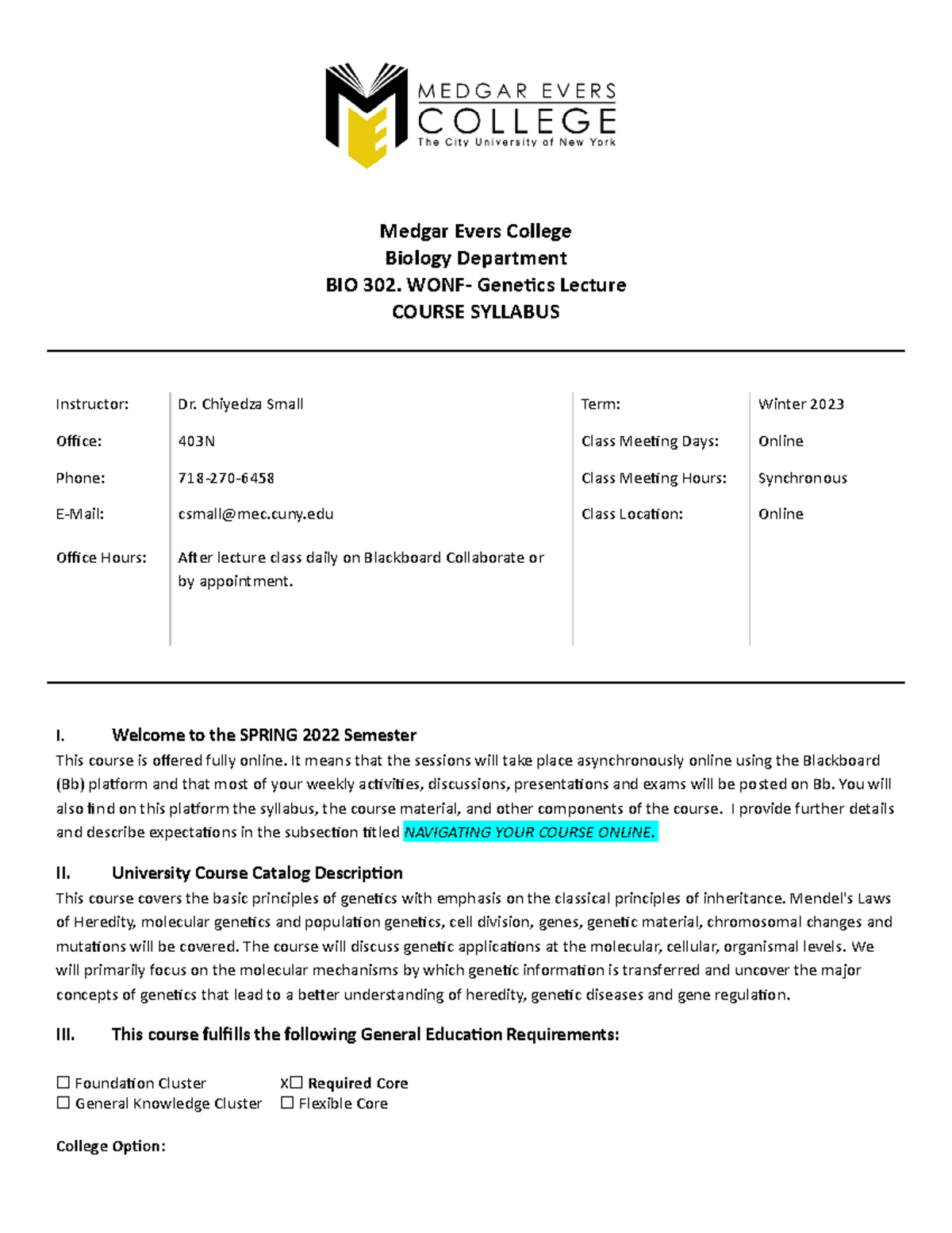 BIO 302 -Genetics Lecture MEC Online WIN 2023 - Medgar Evers College ...