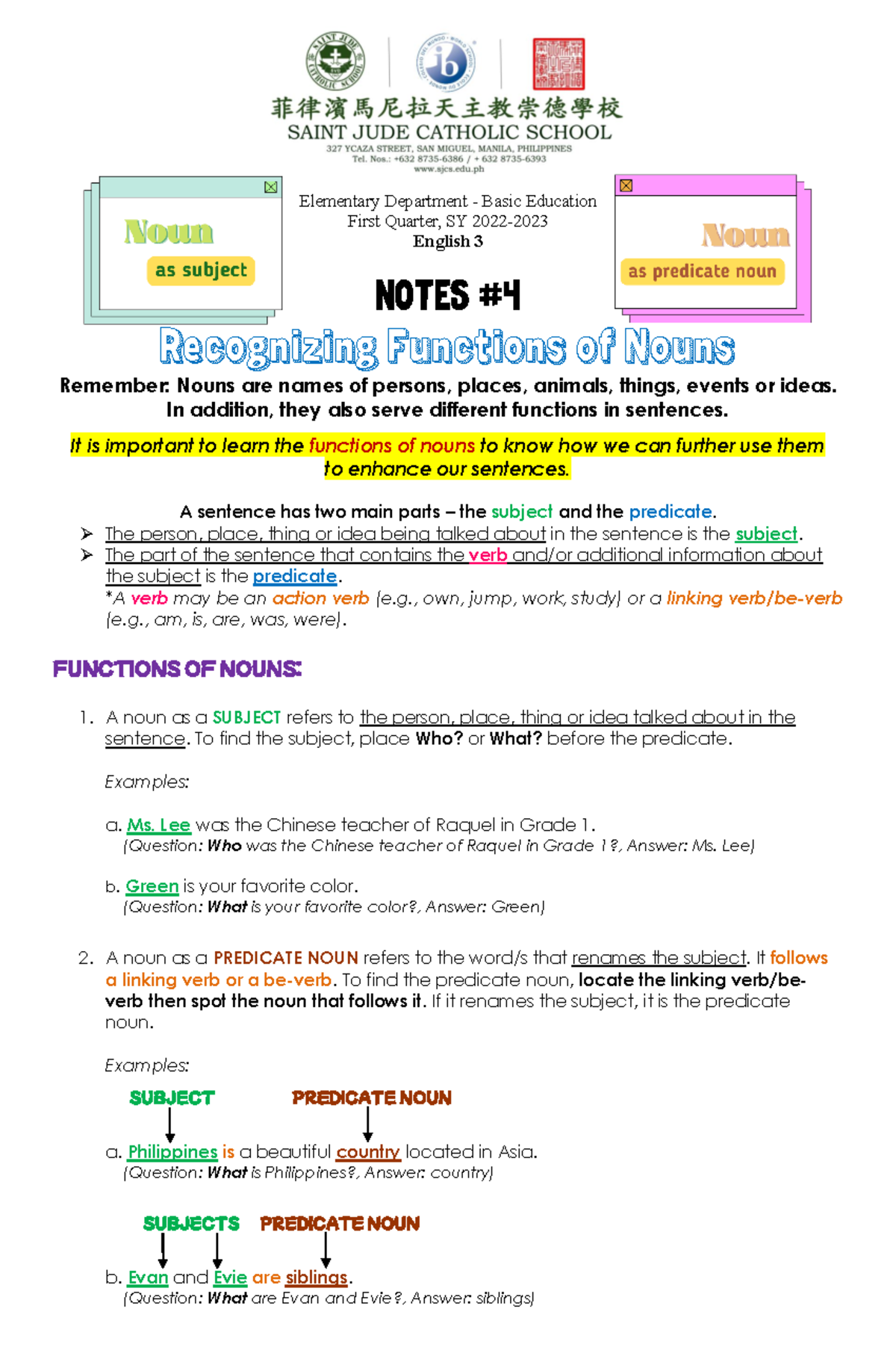 Notes 4 Recognizing Functions of Nouns - Elementary Department - Basic ...