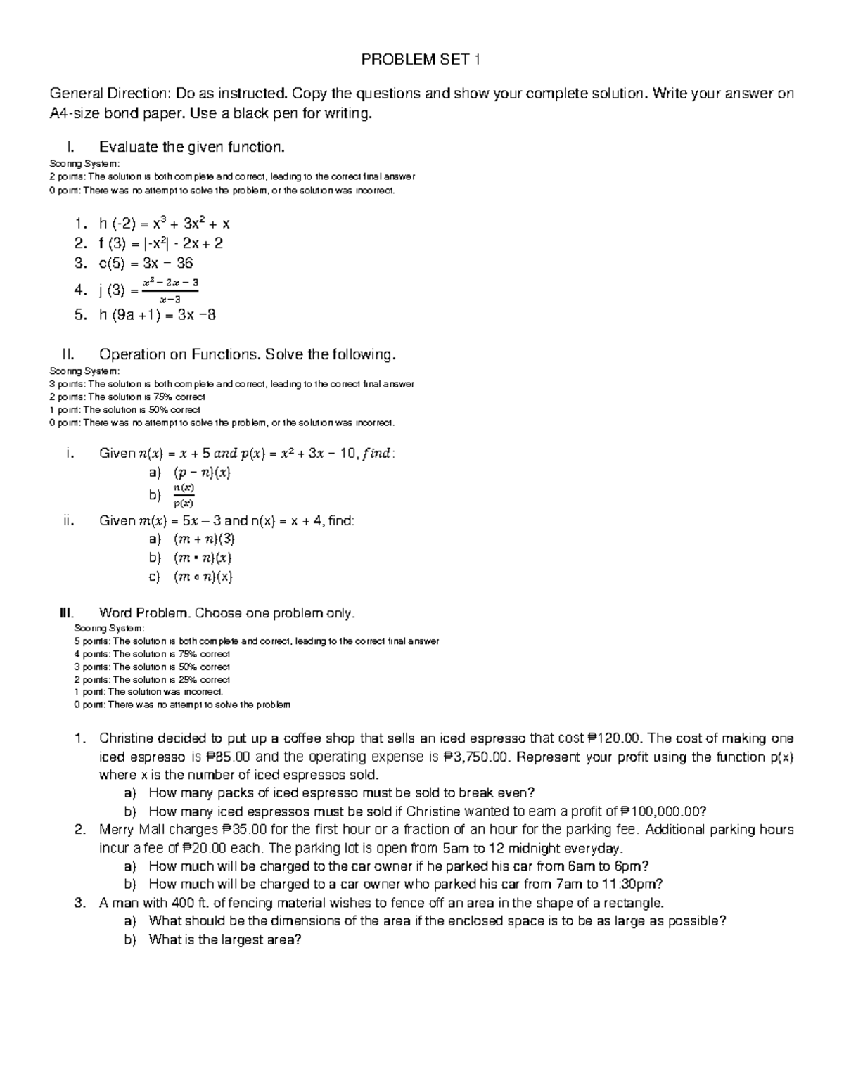 Problem-SET-1 Genmath - PROBLEM SET 1 General Direction: Do as instructed. Copy the questions ...