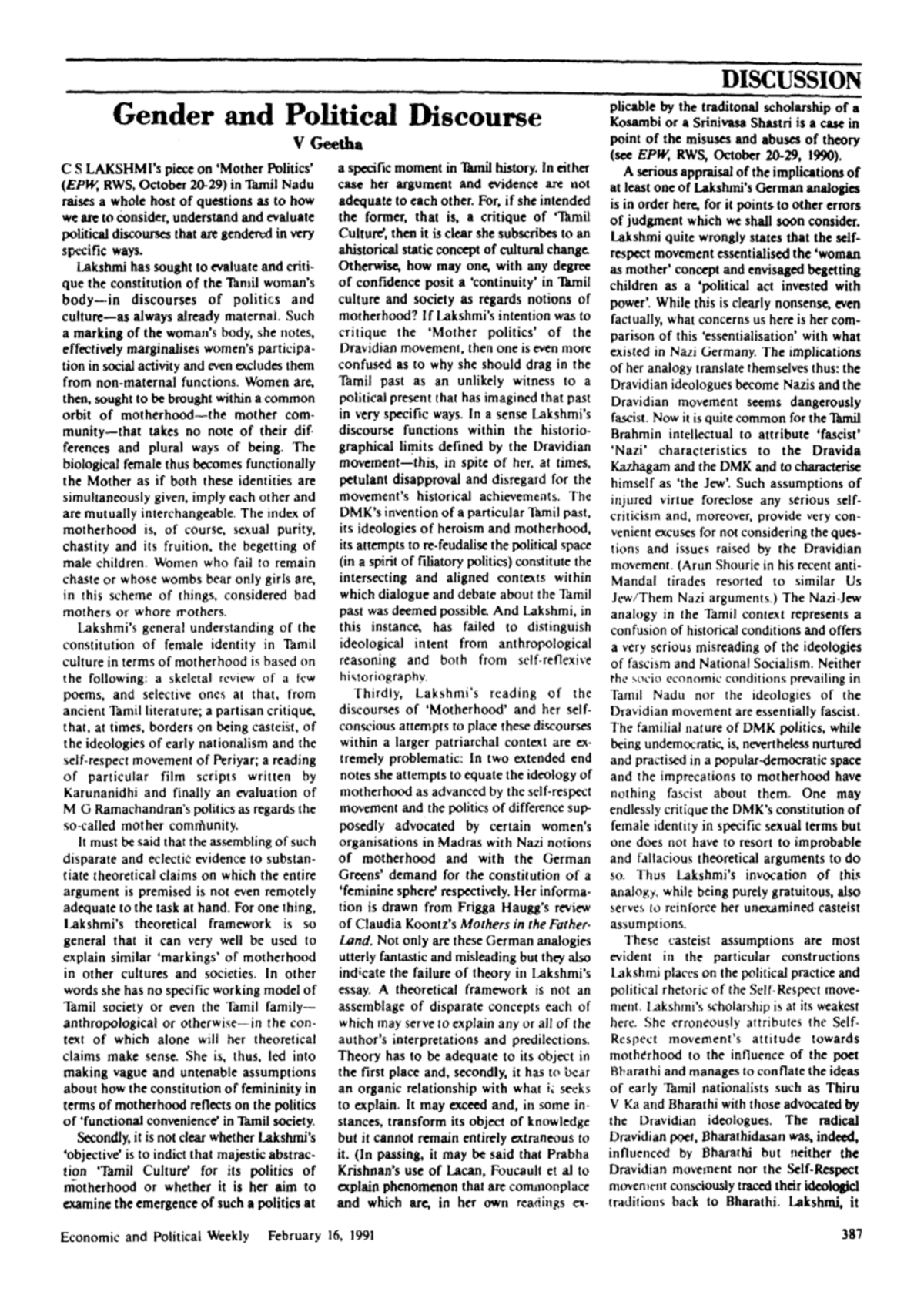 Gender and Political Discourse - DISCUSSION Gender and Political ...