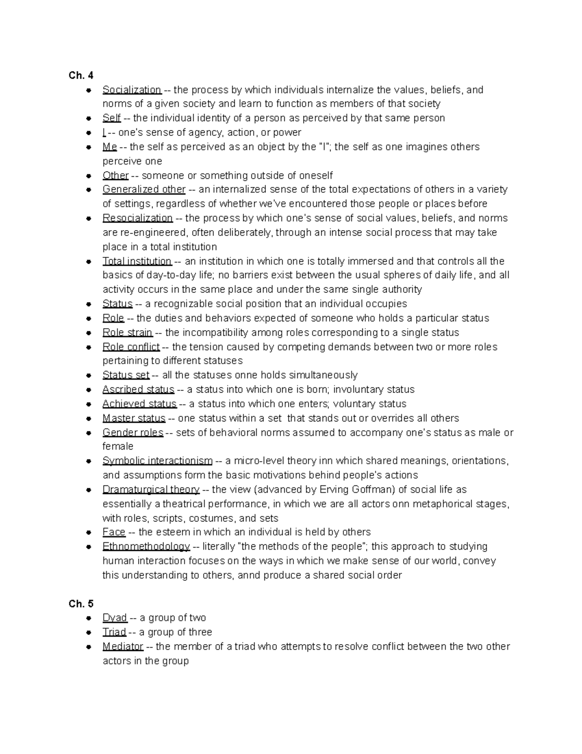 Reading Definitions - Test 2 - Ch. 4 Socialization - the process by ...