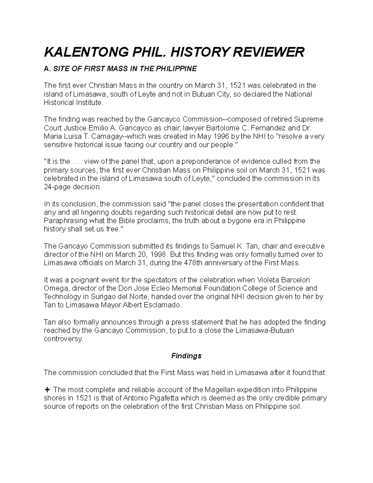 Kalentong-Phil - notes - KALENTONG PHIL. HISTORY REVIEWER A. SITE OF ...