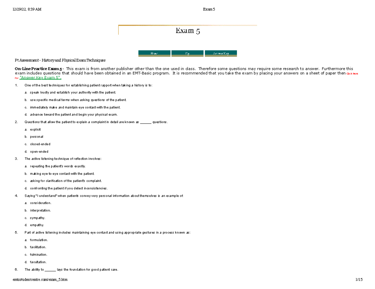 Exam 5 - medic info - Pt Assessment - History and Physical Exam ...