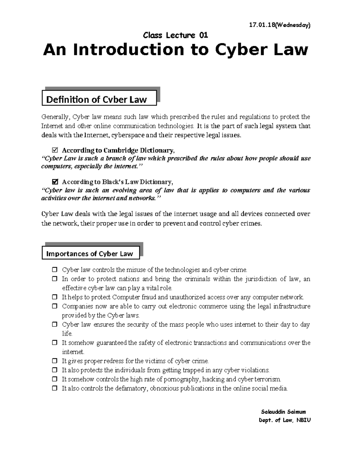 Cyber Law - 17.01(Wednesday) Class Lecture 01 An Introduction to Cyber ...