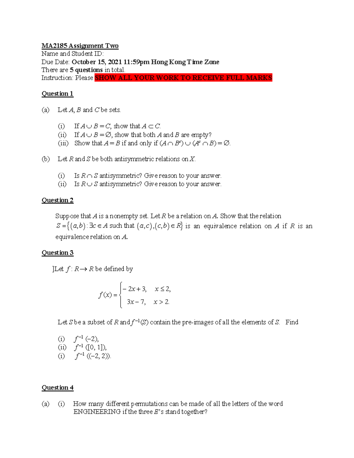 MA2185 Assignment Two - MA2185 Assignment Two Name and Student ID: Due ...