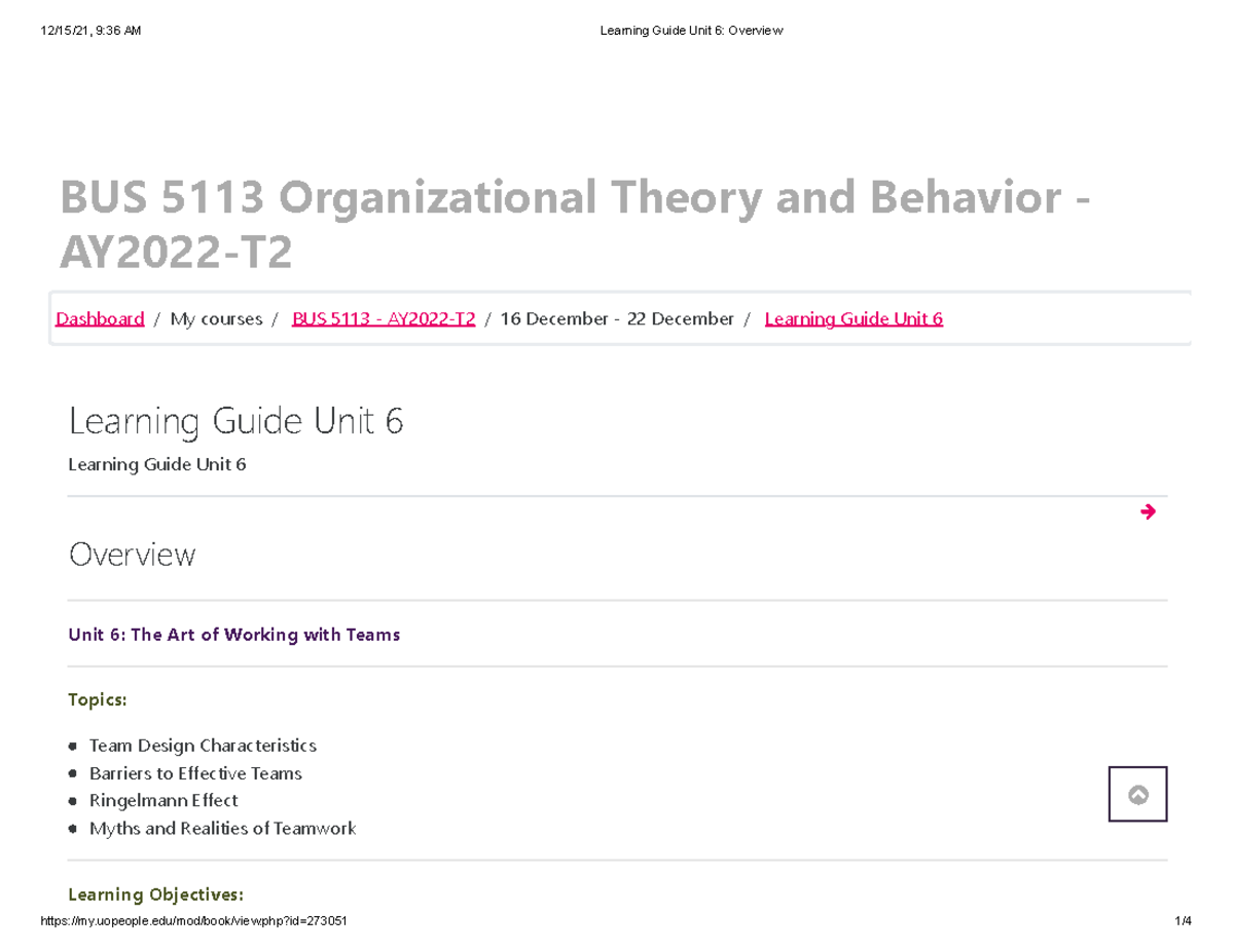 Learning Guide Unit 6 Overview - BUS 5113 Organizational Theory and ... Learning Guide Unit 6 Overview - BUS 5113 Organizational Theory and ...
