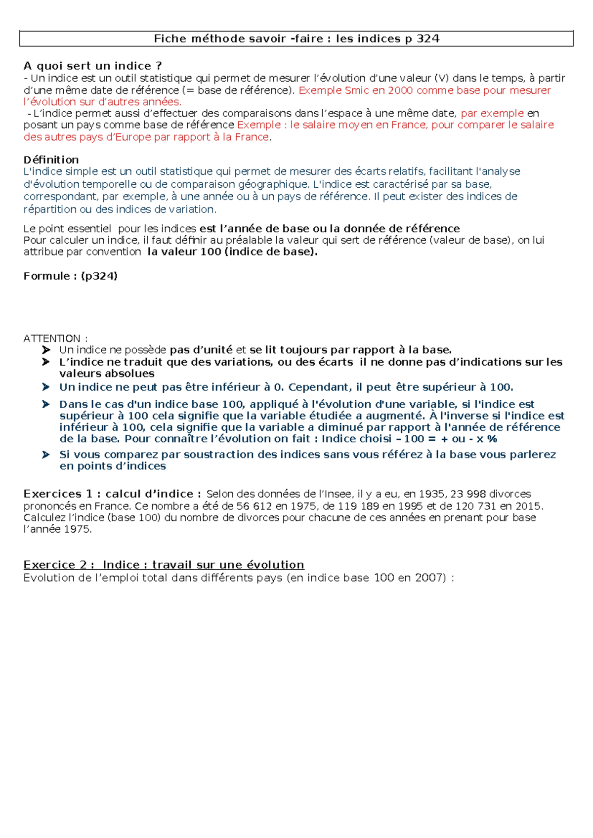 Méthode + exos indice SES - Fiche méthode savoir -faire : les indices p ...