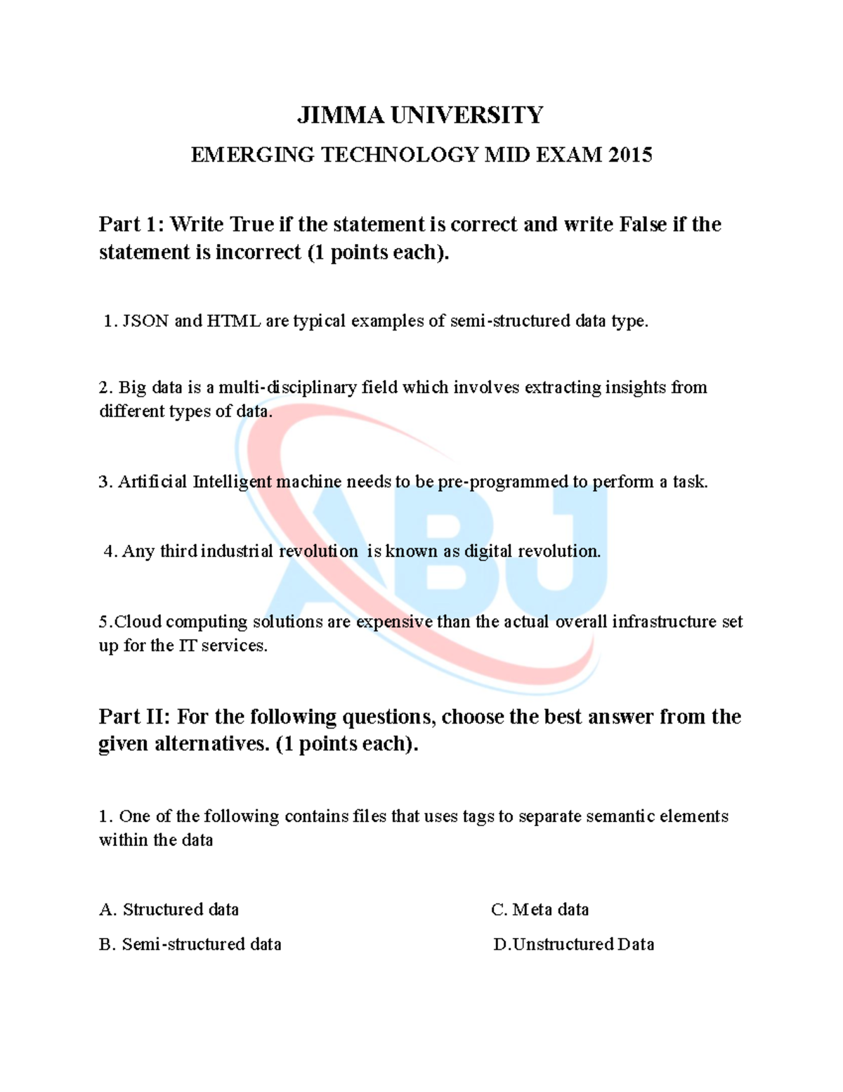 JU LAST YEAR Emerging MID 2015 - JIMMA UNIVERSITY EMERGING TECHNOLOGY ...