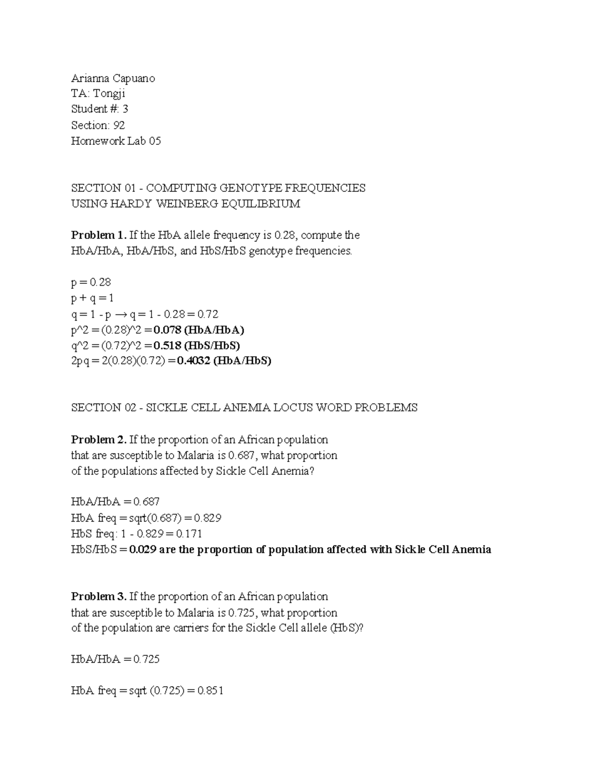 Genetics Lab Homework 5 - Arianna Capuano TA: Tongji Student #: 3 ...