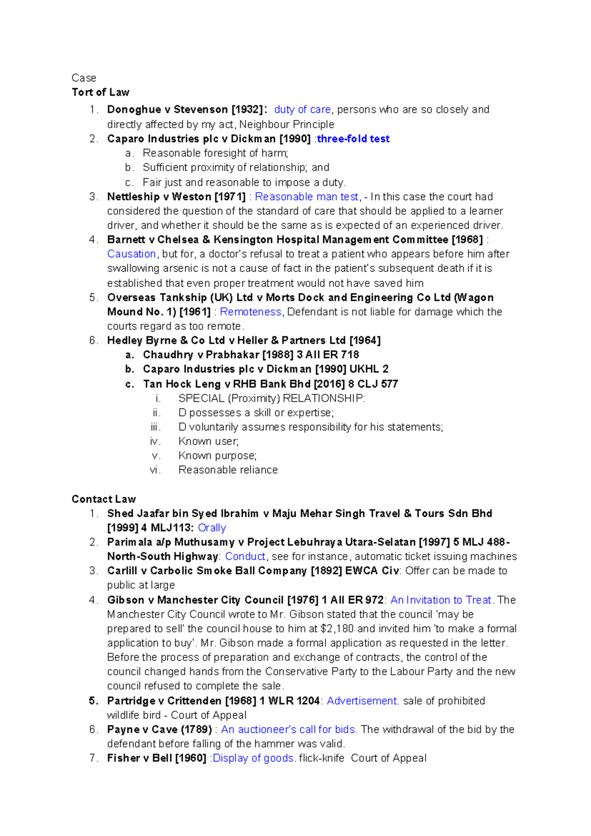 Case and section - Only contract law and consideration - Case Tort of ...