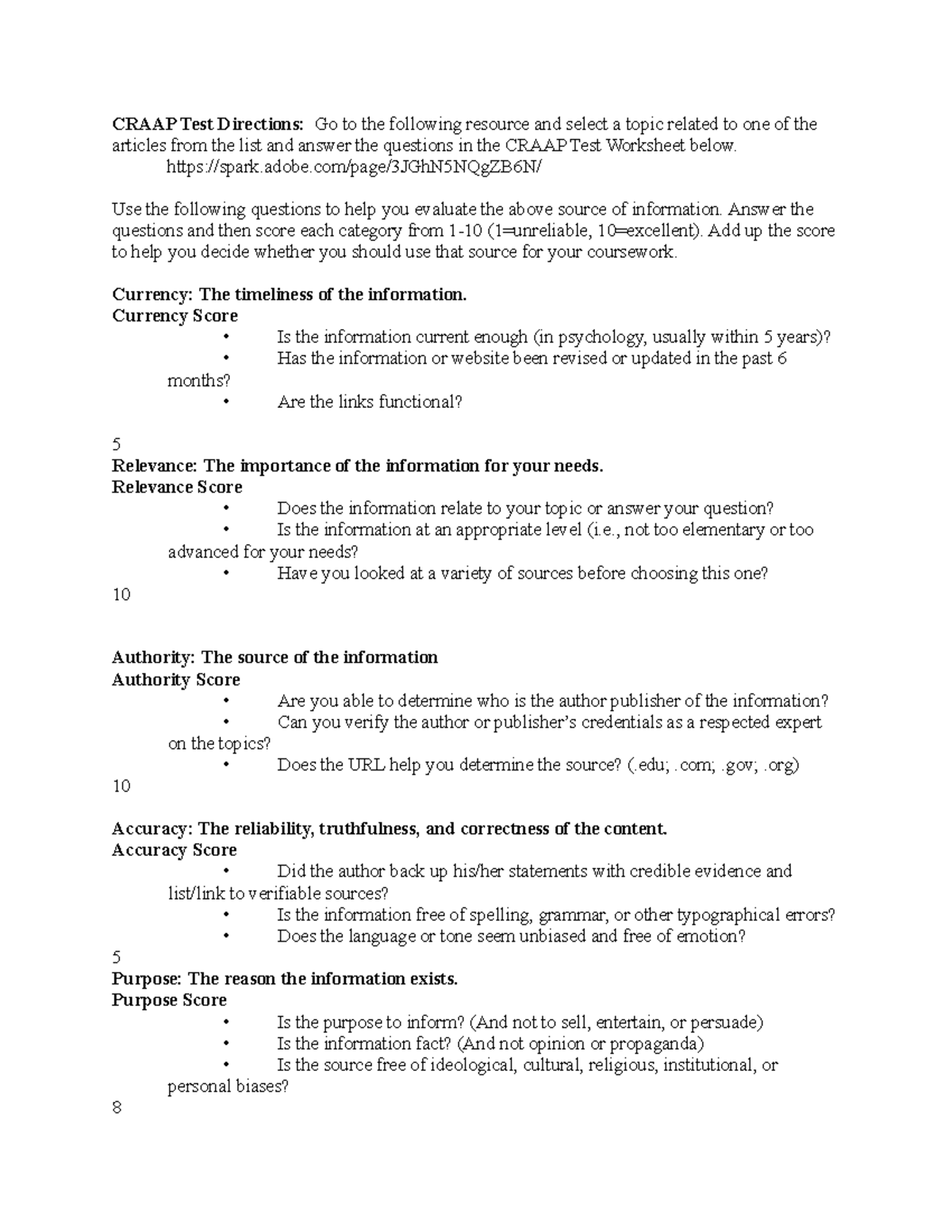 Assignment 2, complete - CRAAP Test Directions: Go to the following ...