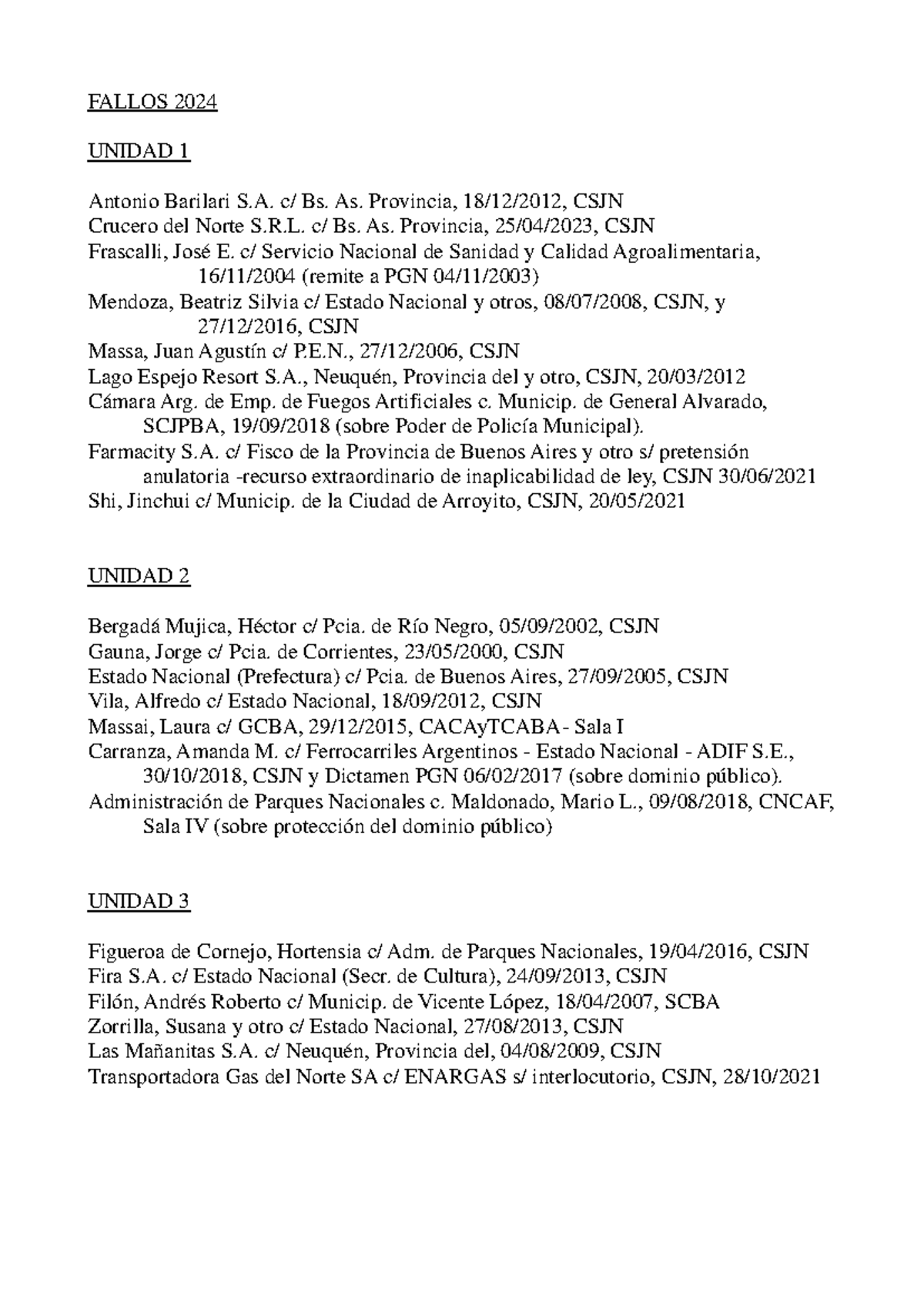 Fallos-2024 - Lista de Fallos-2024 - FALLOS 2024 UNIDAD 1 Antonio Barilari S. c/ Bs. As ...