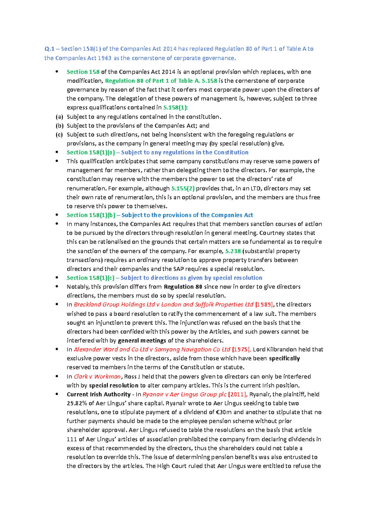S.158 Exam Q - FE-1 Company Law Sample Answer - Q – Section 158(1) of ...