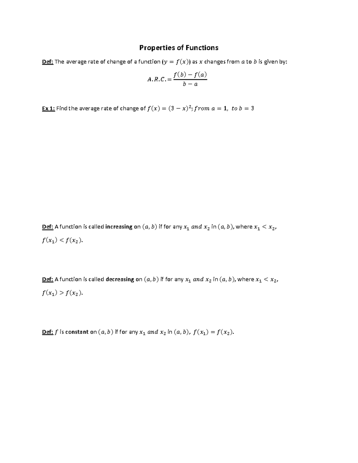 1.5 Properties of Functions - Properties of Functions Def: The average ...